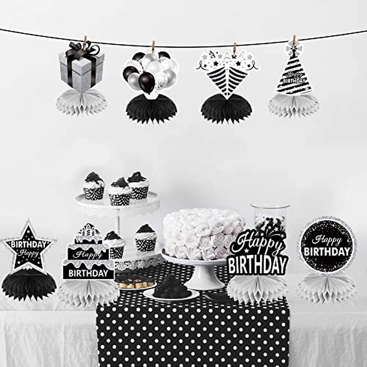 8PCS Black White Silver Birthday Decorations Honeycomb Centerpieces for Women Men, Black White Happy Birthday Table Centerpieces Party Supplies, 16th 21st 30th 40th 50th Birthday Table Topper Decor