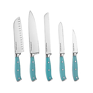 Hamilton Beach 14-Piece Kitchen Knife Cutlery Set, Aqua Blue Handles, Sharp Stainless Steel, Wood Block with Chef's, Santoku, Bread, Steak, Paring, Utility Knives, and Scissors