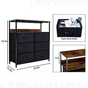 LYNCOHOME 6 Drawers Dresser with Shelves - Dresser for Bedroom, Closet, Clothes, Storage Tower Organizer, Chest of Drawers, Black Dresser for Bedroom, Fabric Drawers(Rustic Brown)