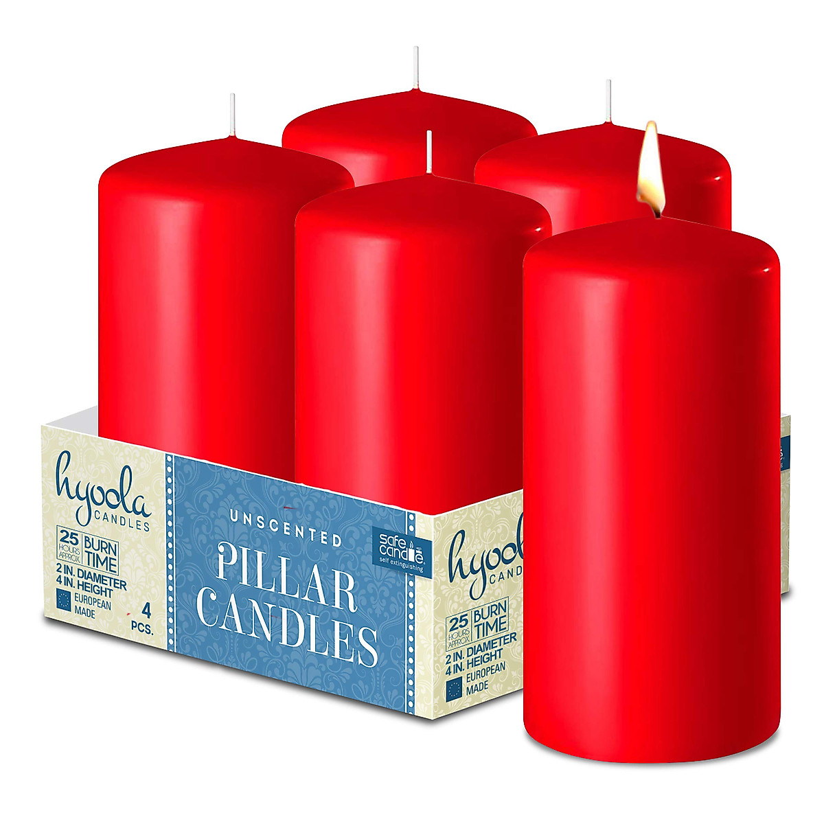 HYOOLA Red Pillar Candles 2-inch x 4-inch - Unscented Pillar Candles - Set of 4 - European Made