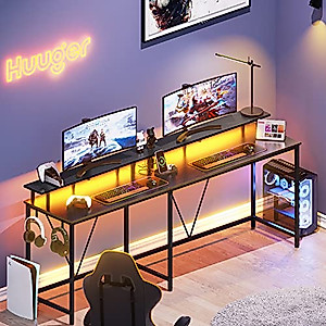Huuger L Shaped Gaming Desk with LED Lights & Power Outlets, Computer Desk with Monitor Stand & Hooks, Home Office Desk, Corner Gaming Desk, Black