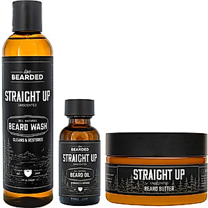 Live Bearded 3-Step Beard Grooming Kit - Wash, Oil and Butter - Made in the USA - All-Natural Ingredients with Shea, Jojoba - Growth Support | Straight Up Unscented - Fragrance-Free