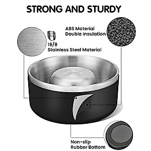 PETTOM Slow Feeder Dog Bowl, 18/8 Stainless Steel Dog Bowl Slows Down Food, Non-Slip Rubber Bottom Pet Food Water Bowl (50oz, Black)