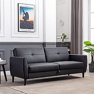 Merax Modern Futon Sofa Storge, PU Leather Convertible Sleeper Loveseat Living Roon Couch Bed for Small Space 81.5" W, Black Love Seats