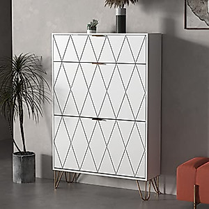 UEV Shoe Cabinet,Freestanding Shoe Rack Storage Organizer with Drawers & Metal Legs,Modern Shoe Storage Cabinet with 3 Flip Drawers for Entryway (White)