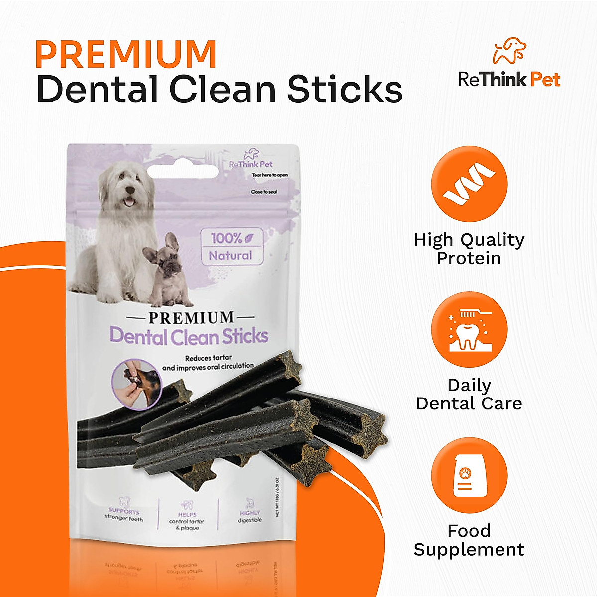 ReThink Pet 7 Pcs Premium Dental Sticks, Dog Teeth Cleaning Chews, Dental Chews Refreshes Dog Breath Dental Treats for Dogs, Dog Teeth Cleaning Treats, Dental Care for Small Dogs, Dental Chews
