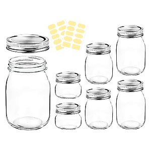 YUEKUI 6 PCS Mason Jars with 70mm Regular-Mouth Glass Canning Jars, clear glass jars with Silver Metal Lids for Jelly, Sara,Bird’s Nest, Jam, Milk Tea,wedding-gifts,as an element of interior(2pcs 4.8oz/2pcs 8oz/2pcs 16oz)