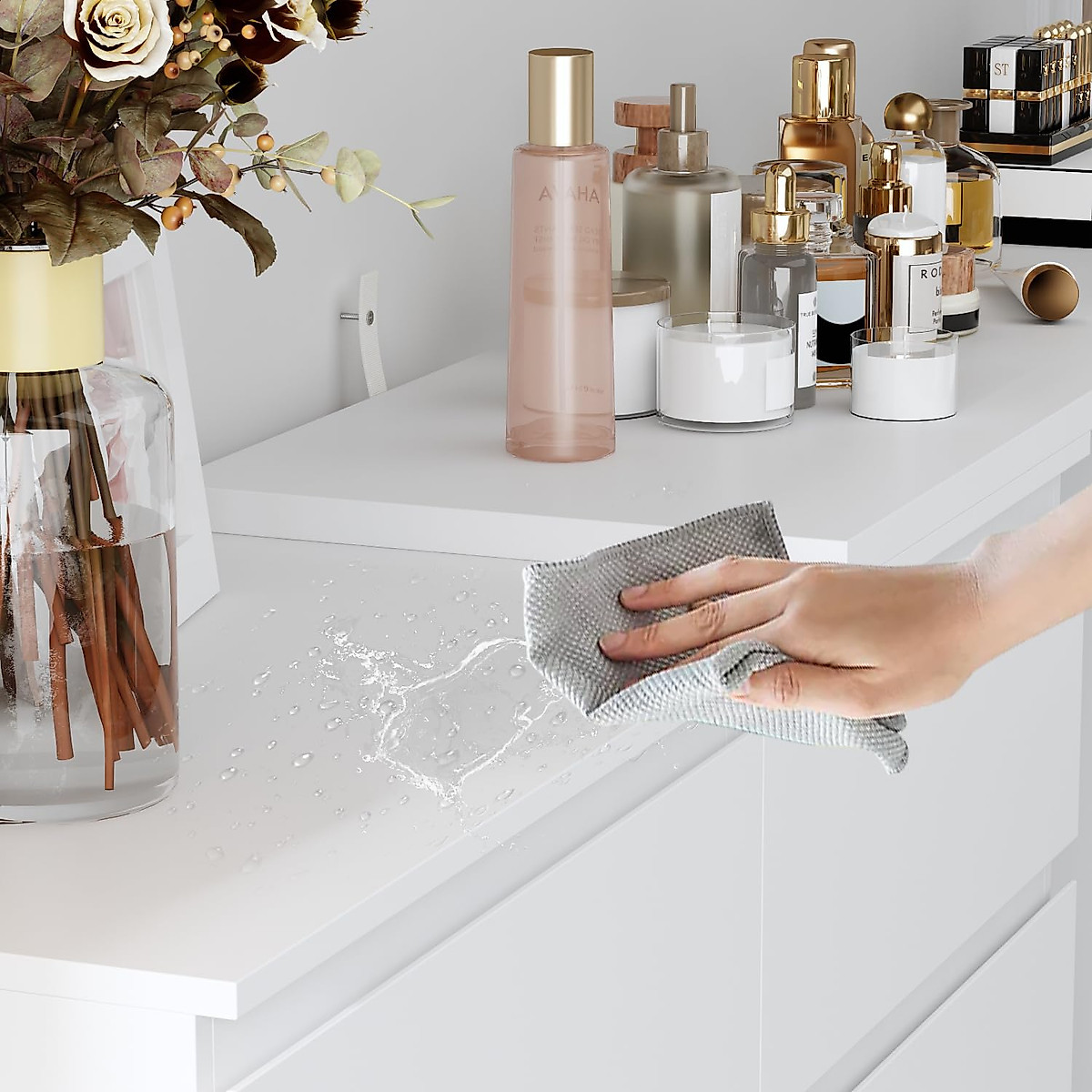 ROMSHINE 9 Drawer Dresser with Rotatable Tabletop, Modern Chest of Drawers with Extendable Desk (No More Than 102" W), Drawer Organizer for Bedroom Home Office, White Dresser