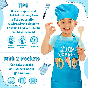 R HORSE 2 Pcs Kid Apron and Chef Hat Set, Adjustable Children Blue Kitchen Apron Cooking Baking Painting and Training Kits Dress up Role Play Chef Toy Kid Funny Cooking Gift New Year