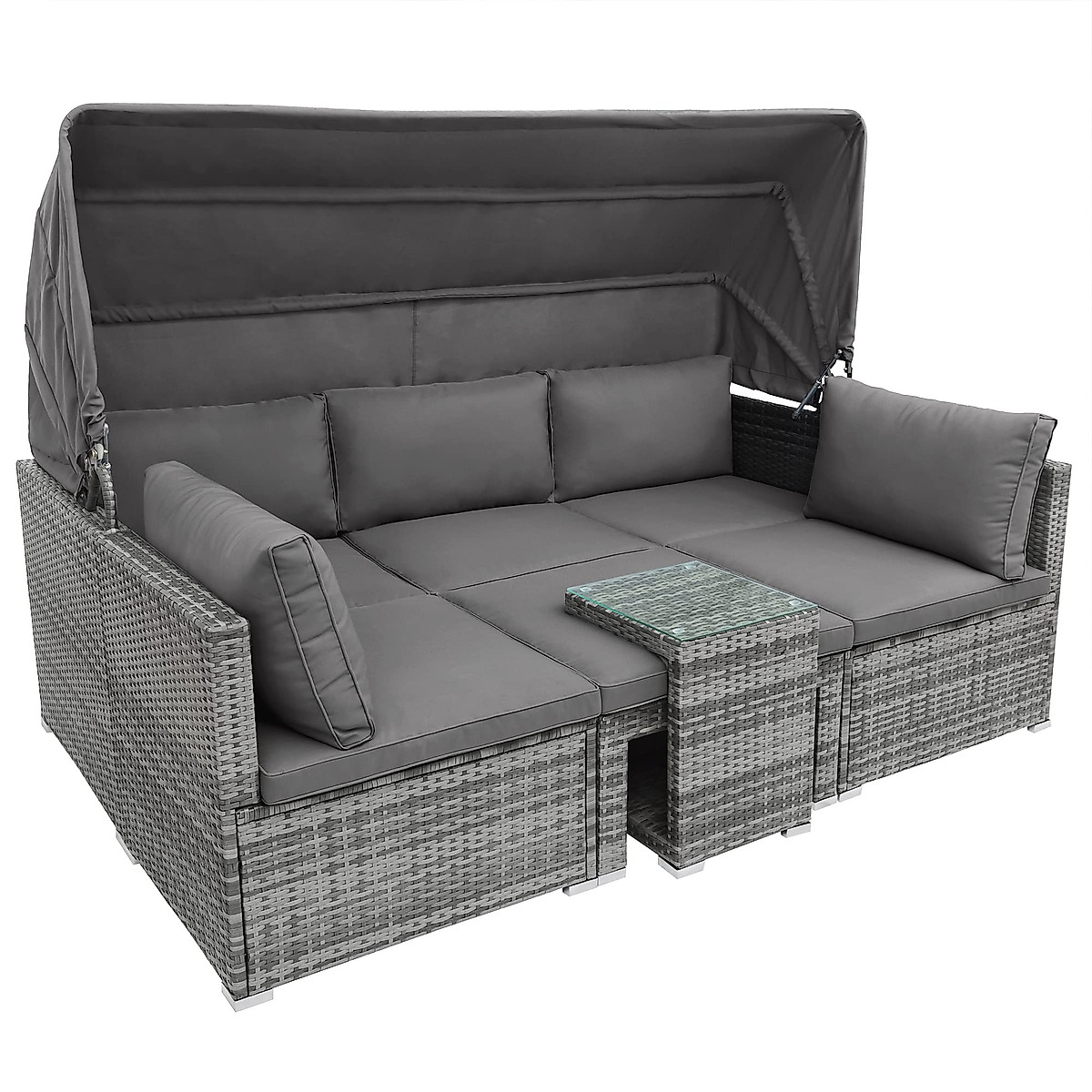 BIADNBZ 5 Pieces Wicker Patio Furniture Set, Outdoor Sectional Sofa PE Rattan Daybed with Retractable Canopy and Tempered Glass Side Table for Garden Poolside Backyard, Gray