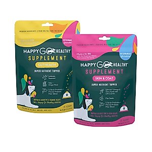 Happy Go Healthy Gut Health + Skin & Coat Bundle Supplements for Dogs - Probiotic & Prebiotic Benefits with Omega-3s | 2 x 21 Count Bags