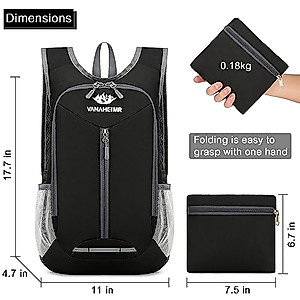 Esup 15L Lightweight Hiking Backpack Foldable Small Travel Backpack Packable Camping Backpack for Women Men (Black)