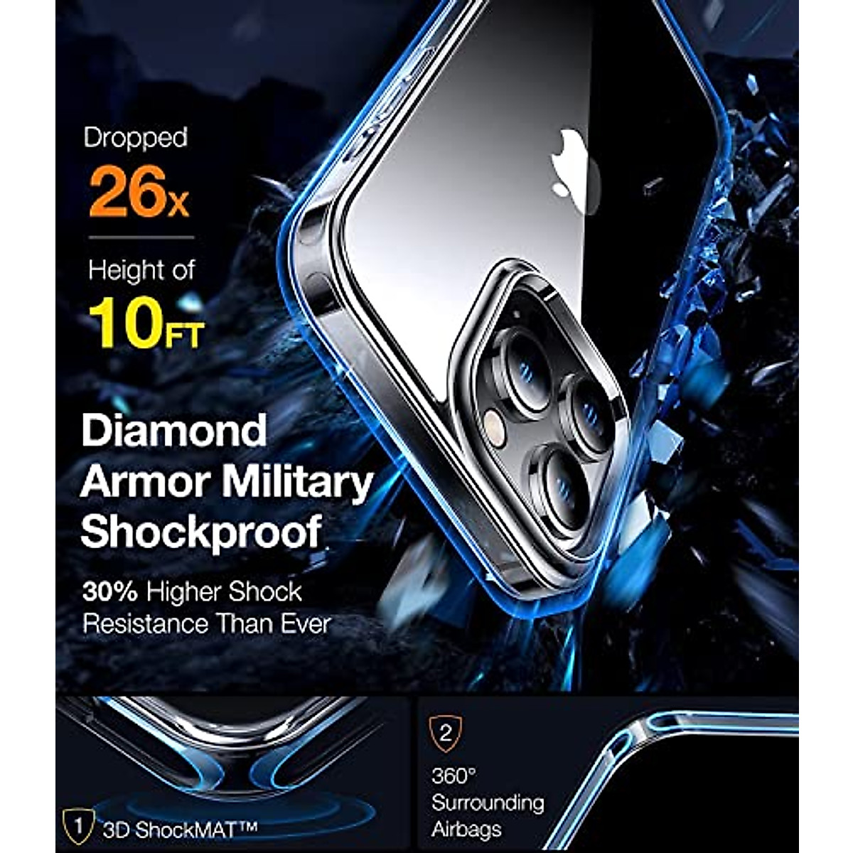 TORRAS Military Diamond Clear iPhone 13 Pro Max Case, [10FT Military Grade Drop Tested] Shockproof Protective Anti-Scratch Hard Back Non-Slip Silicone Bumper Slim Phone Cases iPhone 13 Pro Max, Clear