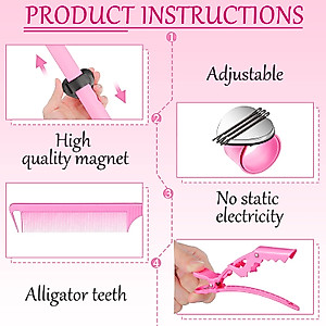 22 Pieces Magnetic Wrist Sewing Pincushion with Hair Braiding Tools - Stainless Steel Pintail Rat Tail Comb, Wide Teeth Alligator Sectioning Clip, Hair Parting Ring Tool, and Pin Wristband (Pink)