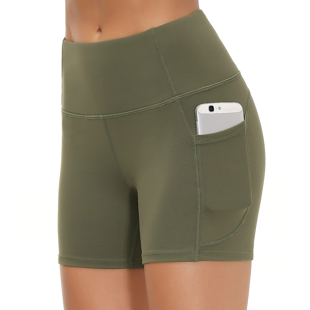 THE GYM PEOPLE High Waist Yoga Shorts for Women's Tummy Control Fitness Athletic Workout Running Shorts with Deep Pockets (Small, Olive Green)