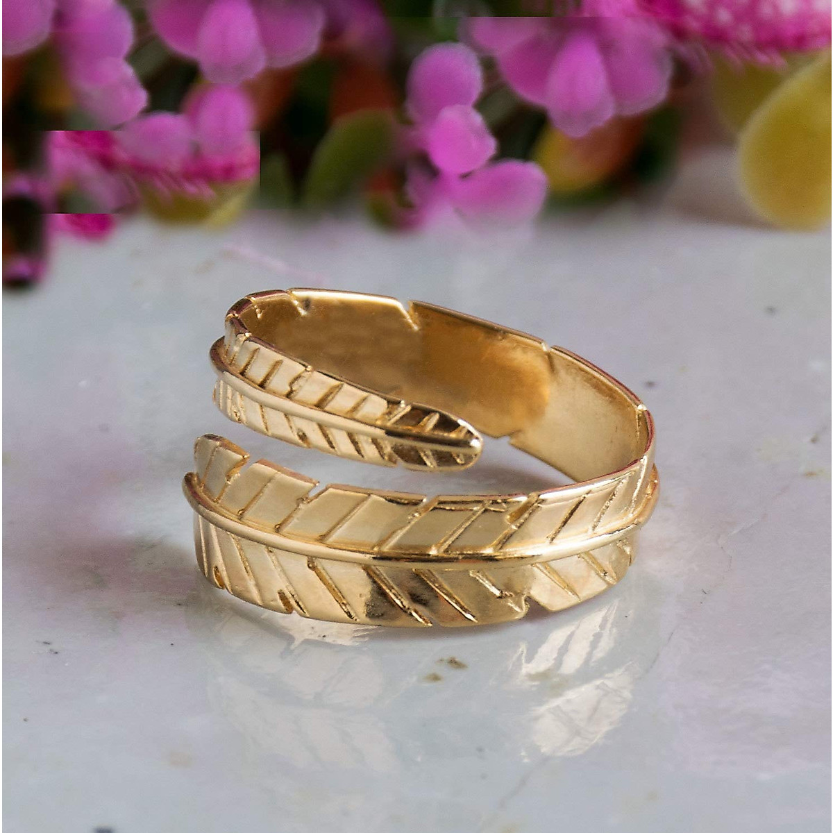 Adjustable Feather Ring - 14K Gold Plated over 925 Sterling Silver Customizable Open Ended Spiral Ring, Dainty Flexible Feather Ring, Wrap and Fit to Every Finger, Handmade Jewelry Rings for Women
