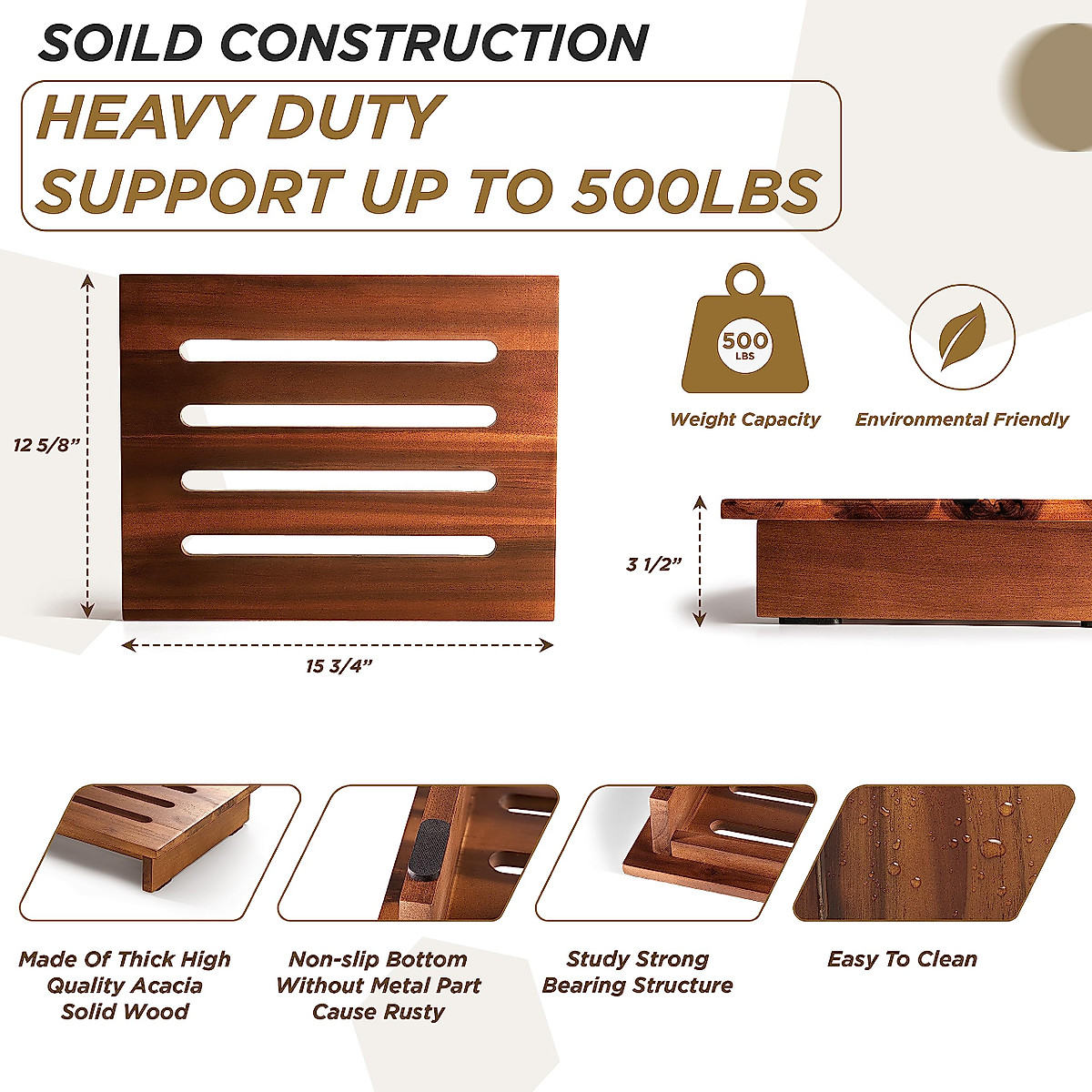 Holana 3.5" One Step Stool for Adults - Step Stools for Bed - Indoor/Outdoor - 550 lbs Safety Stepping Stool Bathroom for Handicap, Elderly, Seniors, Kid, Bathtub, High Beds, Kitchen (Acacia Wood)