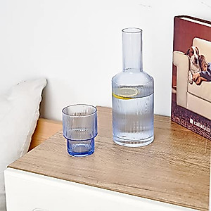 Bedside Water Carafe and Glass Set, Blue Night Water Pitcher with Glass Cup for Nightstand, Modern Mouthwash Dispenser with Tumbler Lid for Keeps Water Clean in Bedroom, Bathroom, or Kitchen
