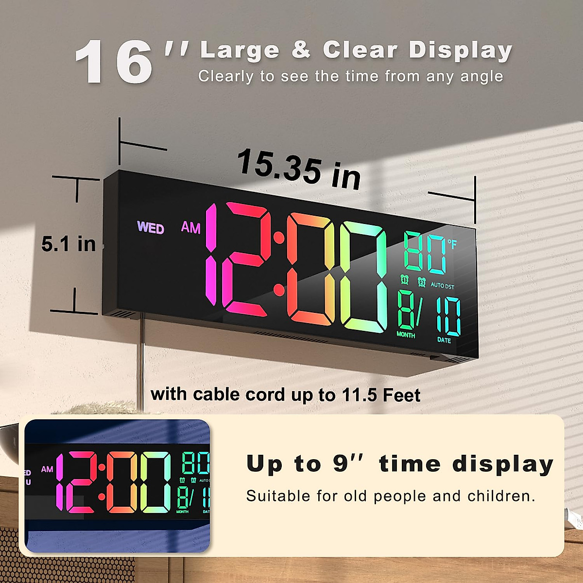 JALL 16" Large Digital Wall Mount Clock, Count Down Timer with Remote, Alarm, Big LED, 8 RGB Color, DST, Temperature for Living Room Classroom Desk, Xmas, Birthday Gift for Senior Men Women Mom Dad