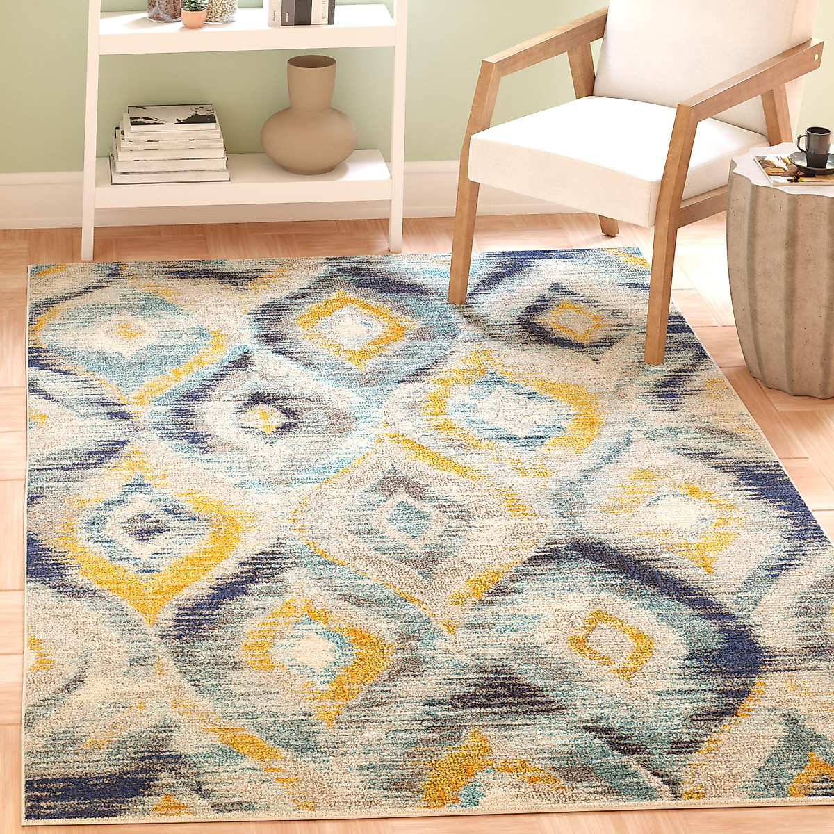 SAFAVIEH Monaco Collection Area Rug - 8' x 10', Blue & Multi, Ogee Trellis Watercolor Distressed Design, Non-Shedding & Easy Care, Ideal for High Traffic Areas in Living Room, Bedroom (MNC242J)