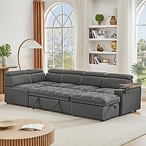 Microfiber Sectional Sleeper Sofa with Pull-Out Bed , 5 Seater Convertible L-Shaped Couch with Adjustable Headrest , Storage Armrest , Ottoman ,Cupholder ,360° Rotated Table ,USB Ports for Living Room