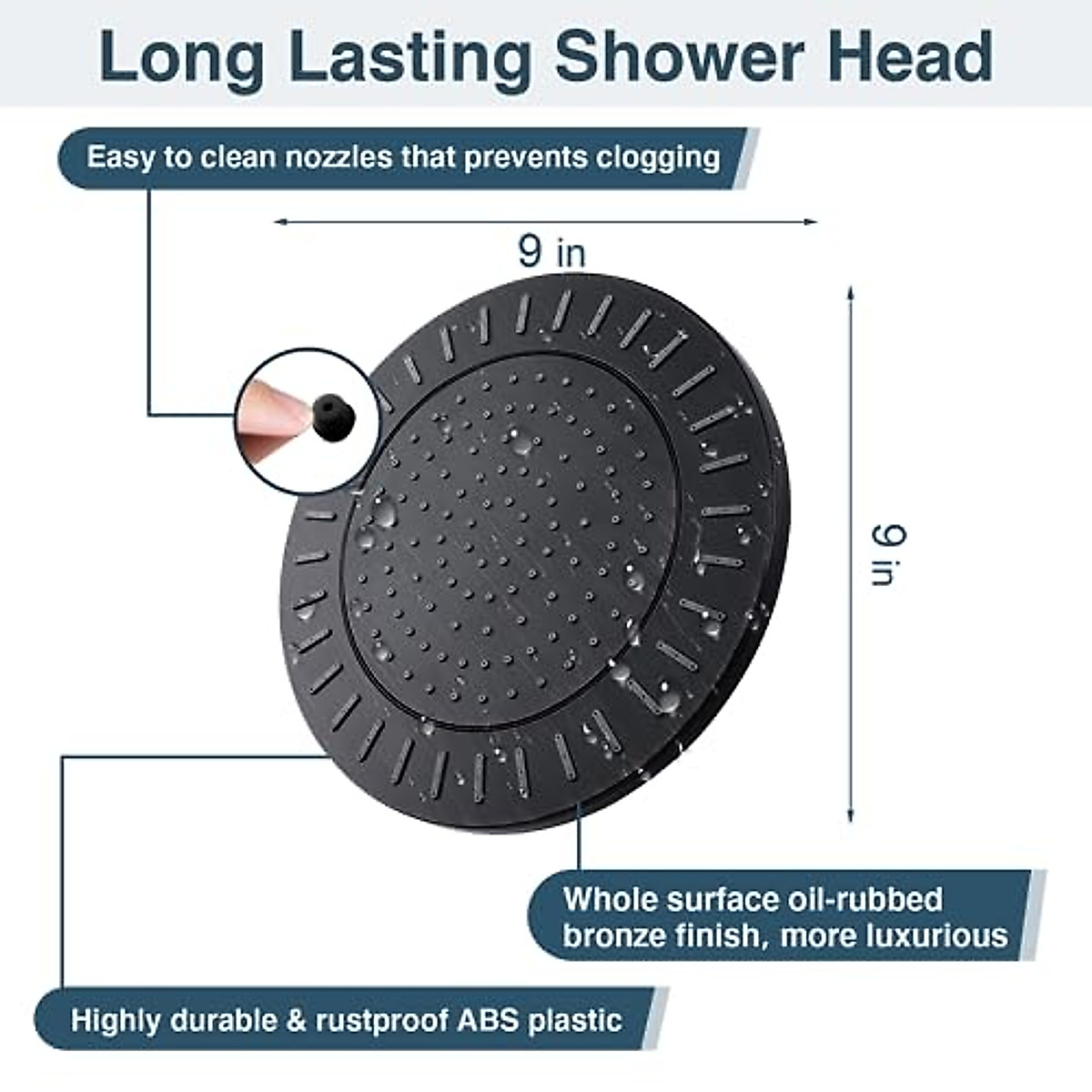 BRIGHT SHOWERS Rain Shower Head, 9 Inch High Pressure Waterfall Showerhead with Adjustable Angle and Anti-clogging Silicone Nozzles, Luxury Bathroom Overhead Shower, Oil-Rubbed Bronze