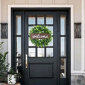 NAHUAA 12 Inch Boxwood Wreath for Front Door Artificial Green Leaves Spring Wreath with Welcome Sign for Farmhouse Wreath Wall Window Wedding Home Table Centerpiece