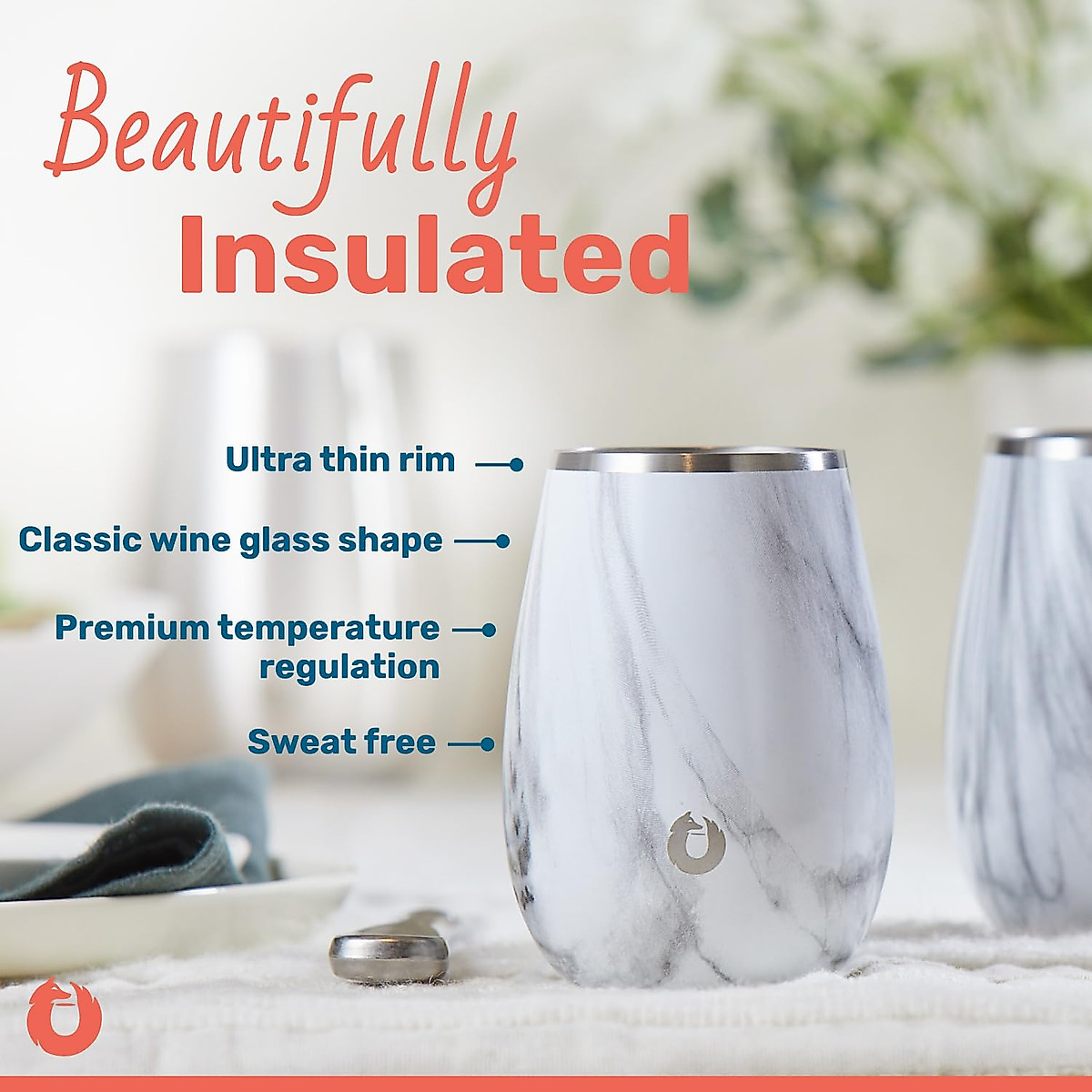 SNOWFOX Premium Vacuum Insulated Stainless Steel Classic White Wine Glass - Set of 2 -Chilled Wine Stays Icy Cold -Lightweight Stemless Cocktail Glasses -Elegant Home Entertaining Barware -8oz -Marble