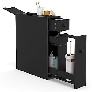 LOKO Bathroom Floor Cabinet, Narrow Storage Organizer with Flip Top, Pull-Out Drawer & Shelves, Freestanding Toilet Paper Holder, Wooden Storage Cabinet for Living Room, Kitchen, Laundry Room (Black)