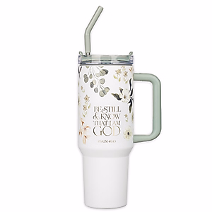 Christian Art Gifts Extra Large Stainless Steel Double Wall Vacuum Insulated Travel Tumbler for Women: Be Still Inspirational Scripture, Lid, Reusable Straw, Wide Handle, White & Teal Floral, 40 oz.