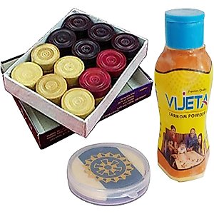 Carrom Combo 50 gm Disco Carrom Powder 1 Set Wooden Carrom-Men Coins & 1 Wooden Striker