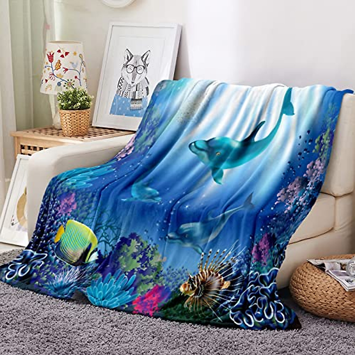 Wesan Ocean Dolphin Fish Blanket Underwater World Colorful Sea Life Throw Gifts for Kids Girls Boys Mom Women Men Dad Birthday Mother's Day Father's Day Soft Plush Throw 50"x60"