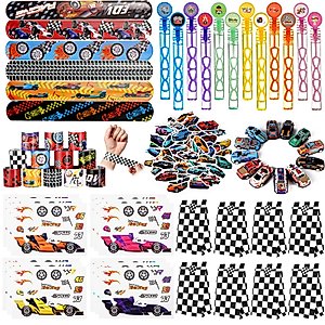Vanblue 110Pcs Race Car Party Favors Race Car Birthday Party Supplies Straw Bubble Slap Bracelet DIY Sticker Toy Gift Boy Kid Treat Candy Bags Stuffers Themed birthday Decorations Classroom Reward