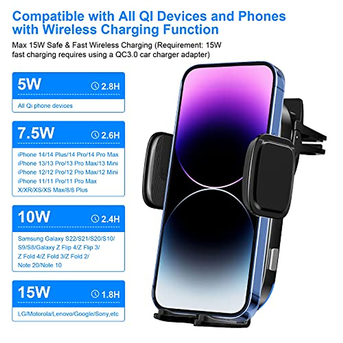 Wireless Car Charger Phone Holder Mount, Electromagnetic Sense Auto Clamping Holder Air Vent Car Charging Compatible with iPhone 14 13 12(Pro/Pro Max/Plus/Mini) Samsung Galaxy S23 S22 S21 Z Flip,etc