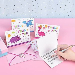 WERNNSAI Dinosaur Thank You Card - 24 Sets Kids Dino Thank You Cards with Envelopes for Toddler Girls Childrens Blank Thank U Notes for Birthday Party Gift Cards 4" X 6"
