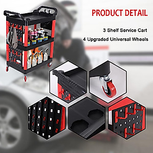 Auto Detailing Tool Cart, 3 Tier Service Rolling Utility Carts 550 lb Car Organizer Heavy Duty with Wheels Side Hanging Plate & Hooks for Car Salons Train Carriages Warehouse, Home DIY