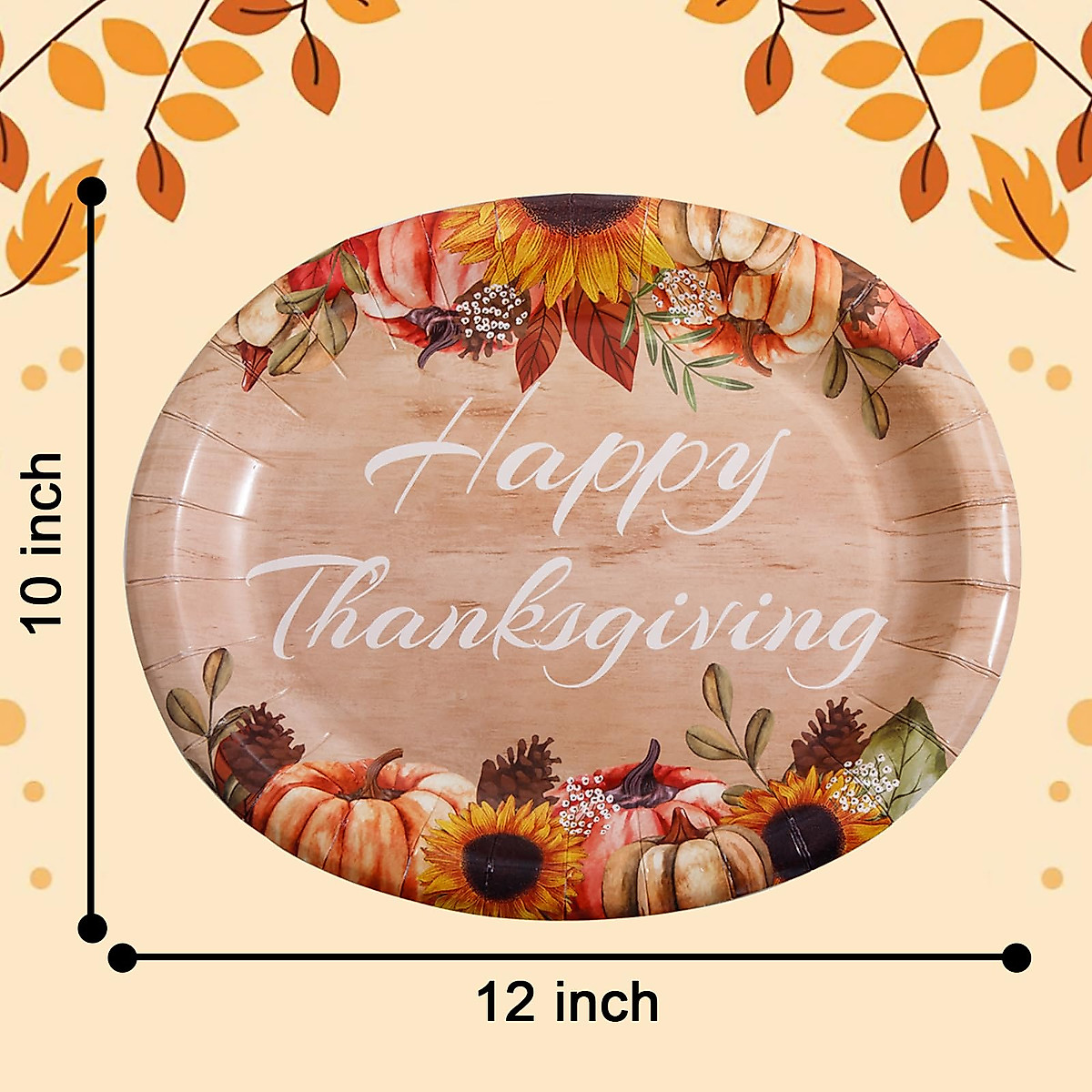 WDF 50Pack Thanksgiving Paper Plates - 10" x 12" Oval Paper Plates Dinner Size Large Disposable Platter Heavy Duty For Happy Thanksgiving Serving Tray Autumn Fall Harvest Party Supply