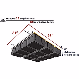 E-Z Garage Storage Alloy Steel Tote Slide PRO Overhead Garage Storage Rack - Organize Up to 15 Storage Tote Container Bins on The Ceiling, 88" x 80" x 3.5", White