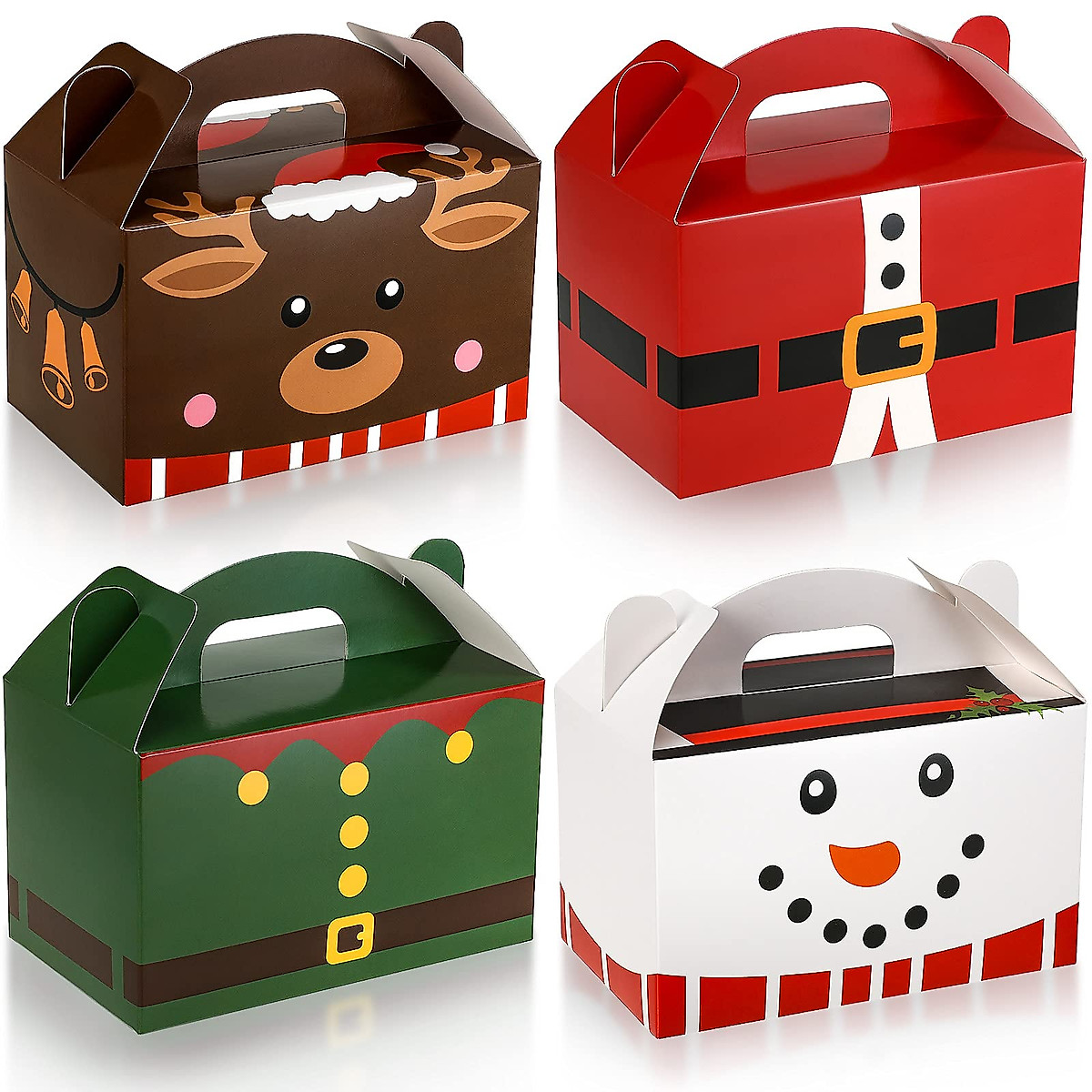 Christmas Treat Boxes, 24 Pieces Plaid Santa Elf Snowman Elk Gingerbread Xmas Cardboard Present Candy Cookie Boxes with Handles, Holiday Party Favor Supplies, 4 Designs (Cute Style)