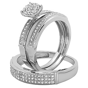 Dazzlingrock Collection 0.48 Carat Round White Diamond Cluster Trio Ring Set in 925 Sterling Silver, Women Size 7 & Men Size 10