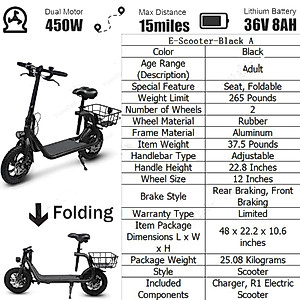 ROXAAN Electric Scooter Adults with Seat, 15.5Mph 20Miles Range Foldable Electric Scooter for Adults, 450W Powered E-Scooter for Commuting W/Basket, 12.5" Pneumatic Tire Sports Scooter (Matte Black)
