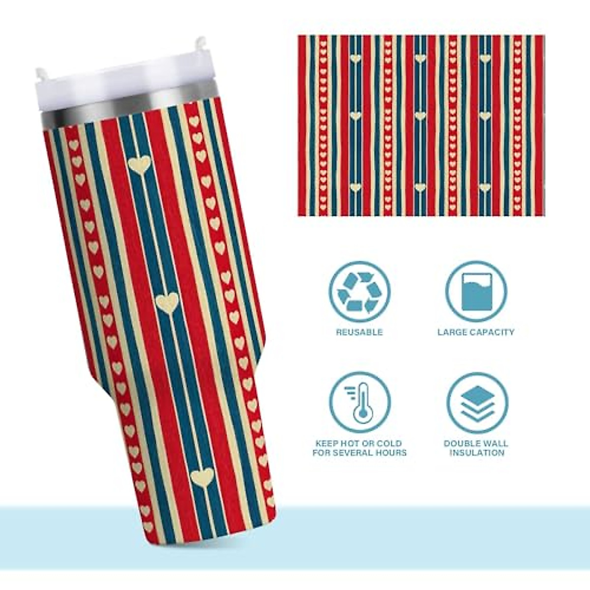 ODAWA Stainless Steel Insulated Tumblers Large with Handle and Straw, Red Blue Stripes Hearts Insulated Travel Tumbler