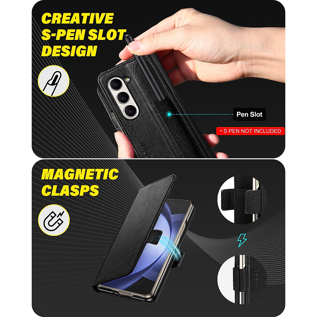 TUCCH Wallet Case for Galaxy Z Fold 5, Shockproof PU Leather Case with S Pen Holder RFID Blocking [Kickstand]Card Slot, PC Shell Flip Cover Compatible with Galaxy Z Fold5 5G 7.6" 2023, Textured Black
