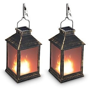 10" Vintage Style Solar Powered Lantern Fame Effect(Metallic Coating,Plastic),Solar Garden Light with Vivid Fire Effect,Outdoor Solar Hanging Lantern,Decorative Lanterns ZKEE (Set of 2)