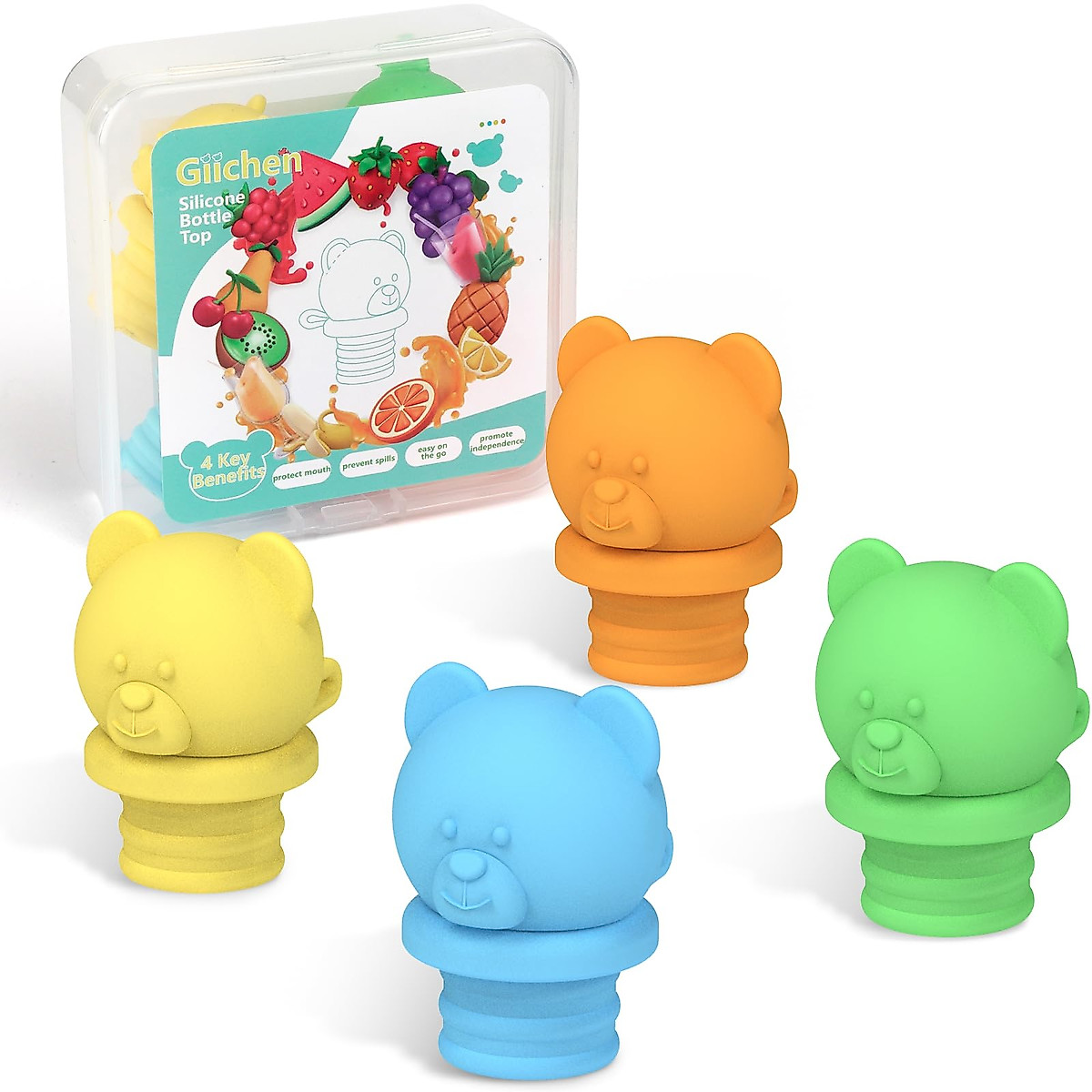 Giichen No Spill Water Bottle Caps - BPA Free Silicone Water Bottle Top Protects Childs Mouth, Replacement Bottle Spout Adapter for Toddlers, Baby and Adults - 4 Pack (Blue, Green, Yellow, Orange)