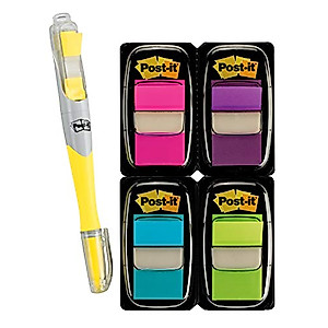 Post-it Flags Value Pack, 50/Dispenser, 4 Dispensers/Pack, 1 in Wide, Assorted Bright Colors, Includes Free Flags + Highlighter (680-PPBGVA)