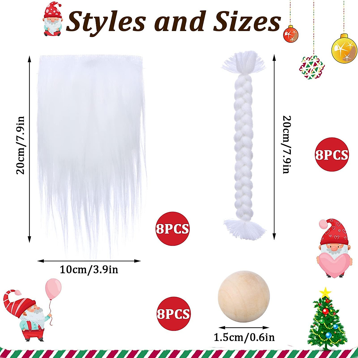 24 Pieces Pre-Cut Gnome Beard Braids Wooden Balls Nose Set， Handmade Gnome Beard Fake Fluffy Gnome Beard Faux Fur Gnome Dwarf Beard Braids Unfinished Wooden Balls for DIY Your Gnomes