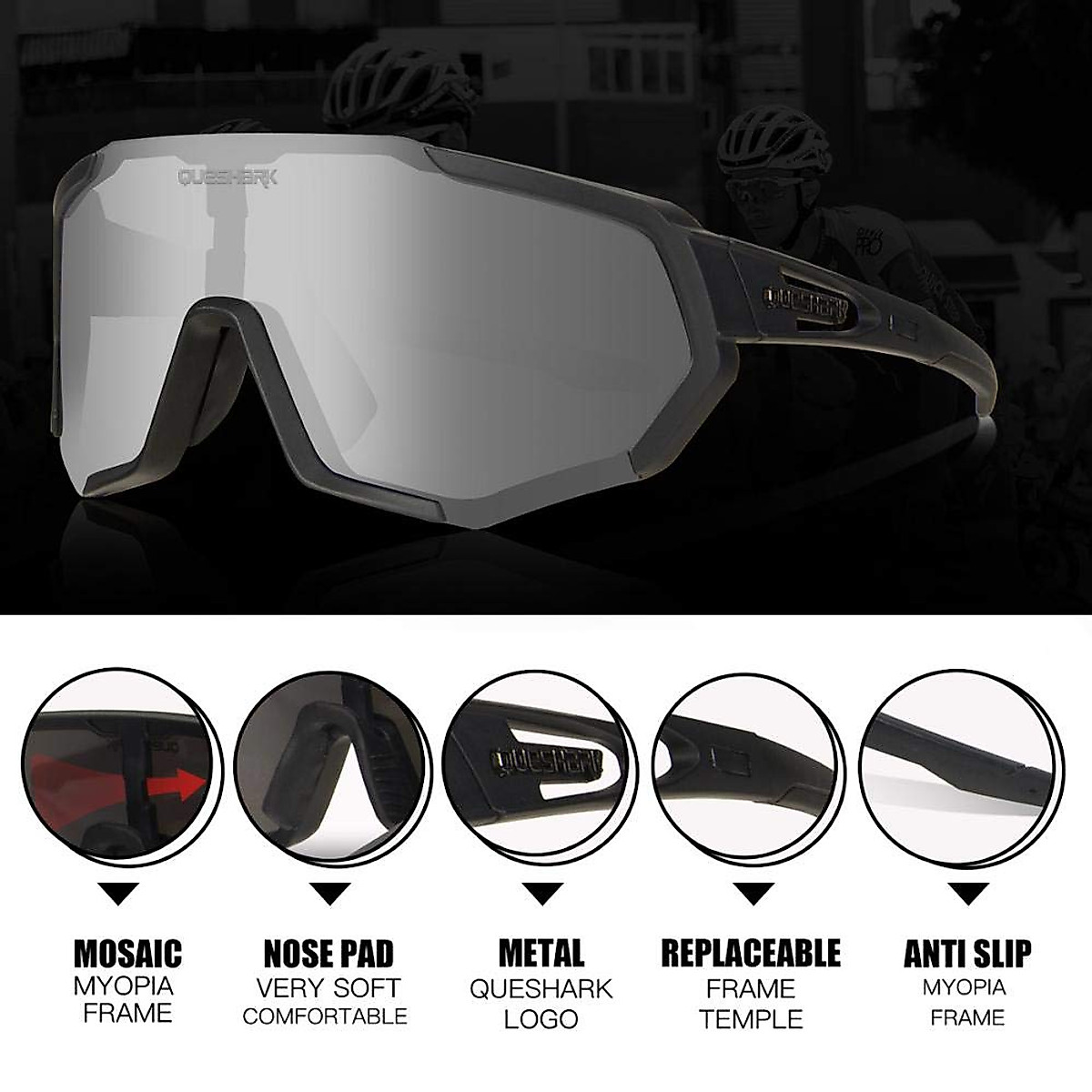 Queshark Cycling Glasses Sports Sunglasses for Men Women with 1 Polarized 2 HD Lens For MTB Running Driving Fishing Baseball