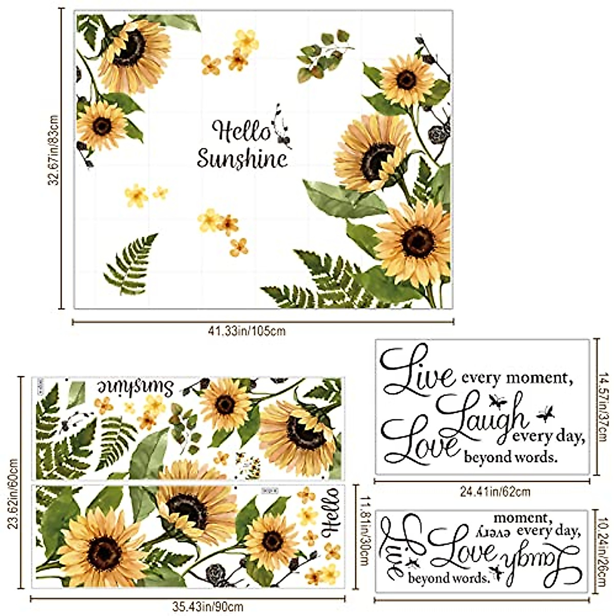 Sunflower 3D Yellow Flower Wall Stickers Decals, Removable Laugh Flowers Butterfly Wallpaper Decor, DIY Art Mural for Kids Room Nursery Classroom Bedroom Home Decoration
