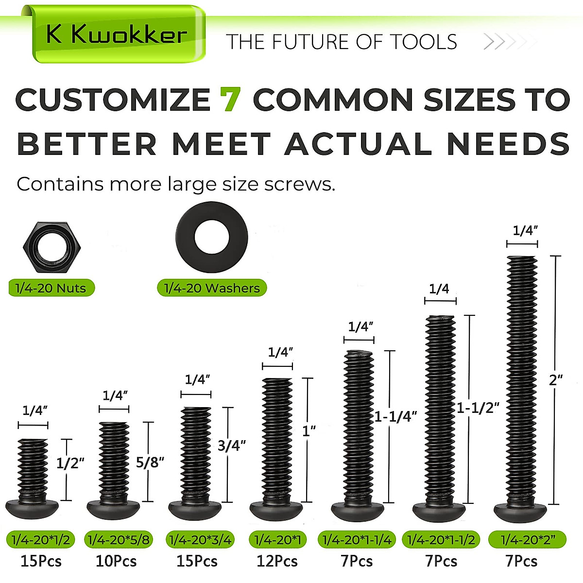 K Kwokker 1/4 20 Bolt and Nuts, 7 Sizes are 2", 1-1/2", 1-1/4", 1", 3/4", 5/8", 1/2", Button Head Hex Socket Cap Screws, Black, Full Machine UNC Thread, with Washers for Screws, 219Pcs Totally